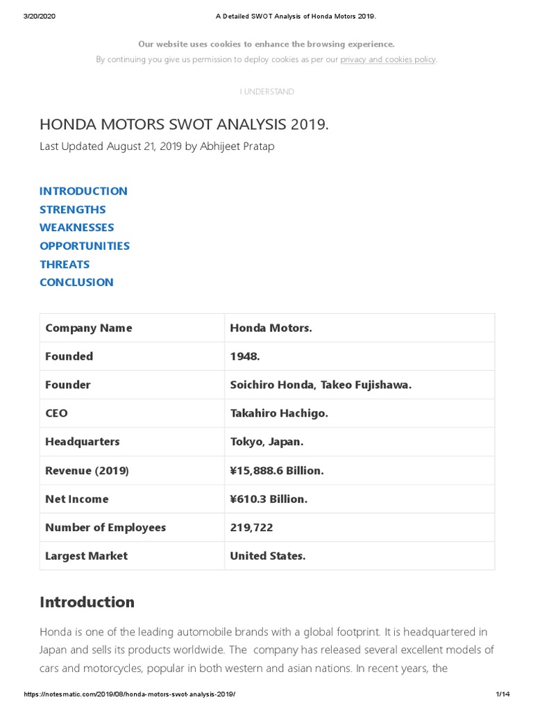 A Detailed SWOT Analysis of Honda Motors 2019 | PDF | Honda | Electric ...