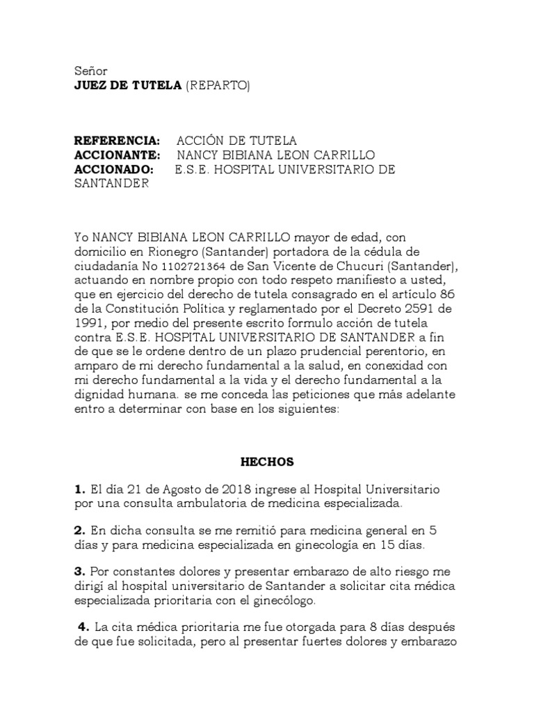 Accion de Tutela Con Medida Provisional Nancy Bibiana | PDF | Derecho ...