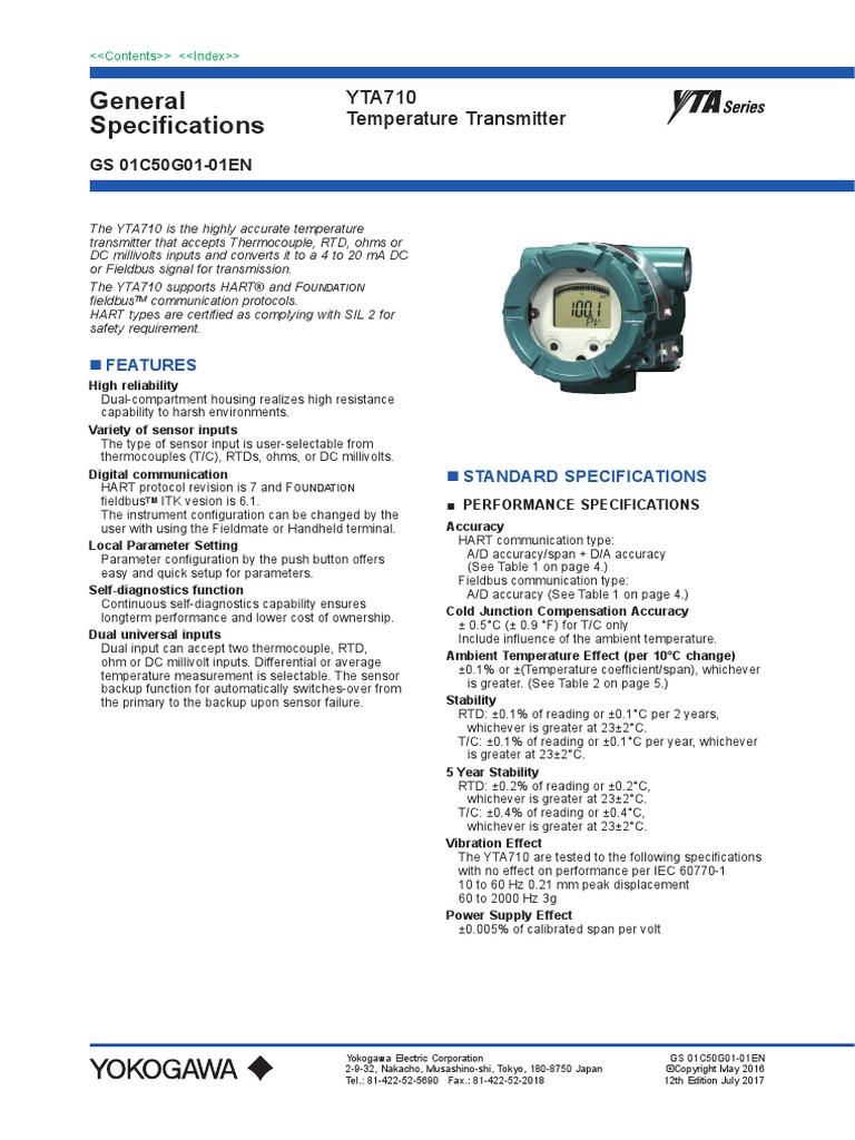General Specifications: YTA710 Temperature Transmitter | PDF ...