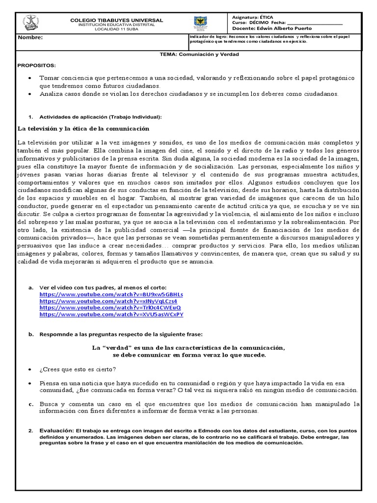 1er Taller Etica Decimo Segundo Trimestre | PDF | Medios de comunicación) | Comunicación
