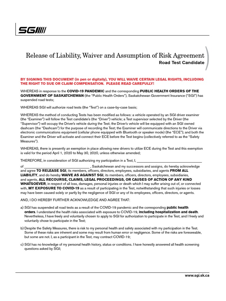 SGI 1 Release of Liability, Waiver and Assumption of Risk Agreement ...