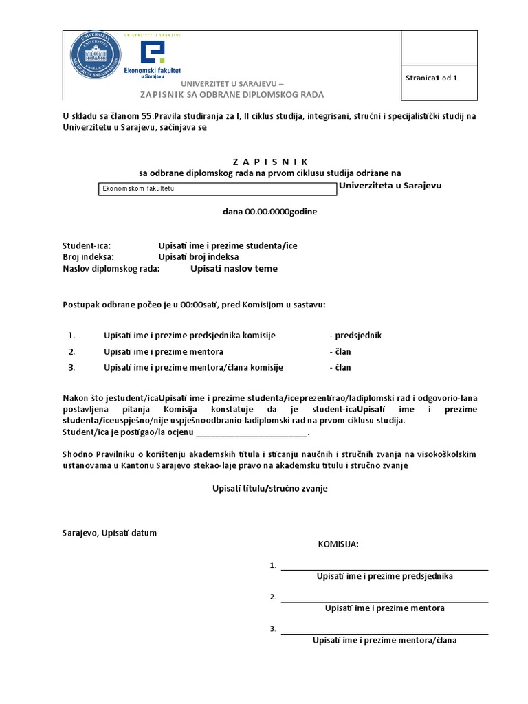 Obrazac Zapisnik Sa Odbrane Diplomskog Rada 0 | PDF