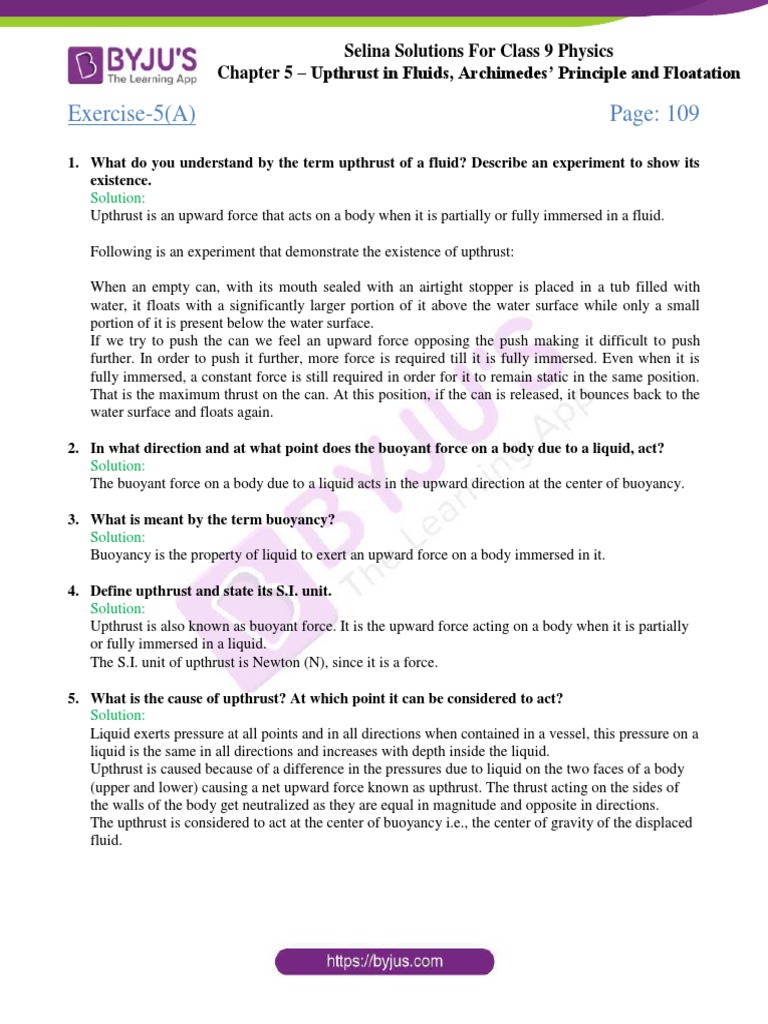 Selina Solutions For Class 9 Physics Chapter 5 Upthrust in Fluids Archimedes Principle and ...