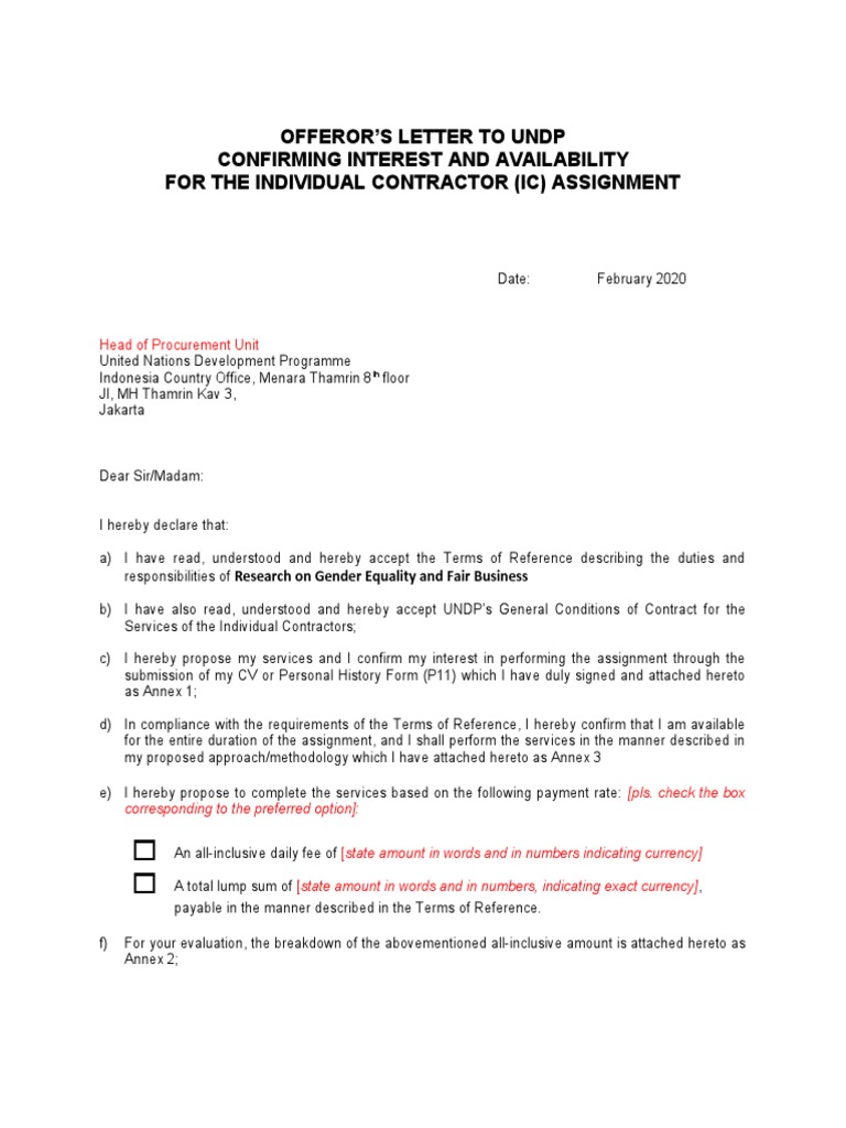 Offeror'S Letter To Undp Confirming Interest and Availability For The ...