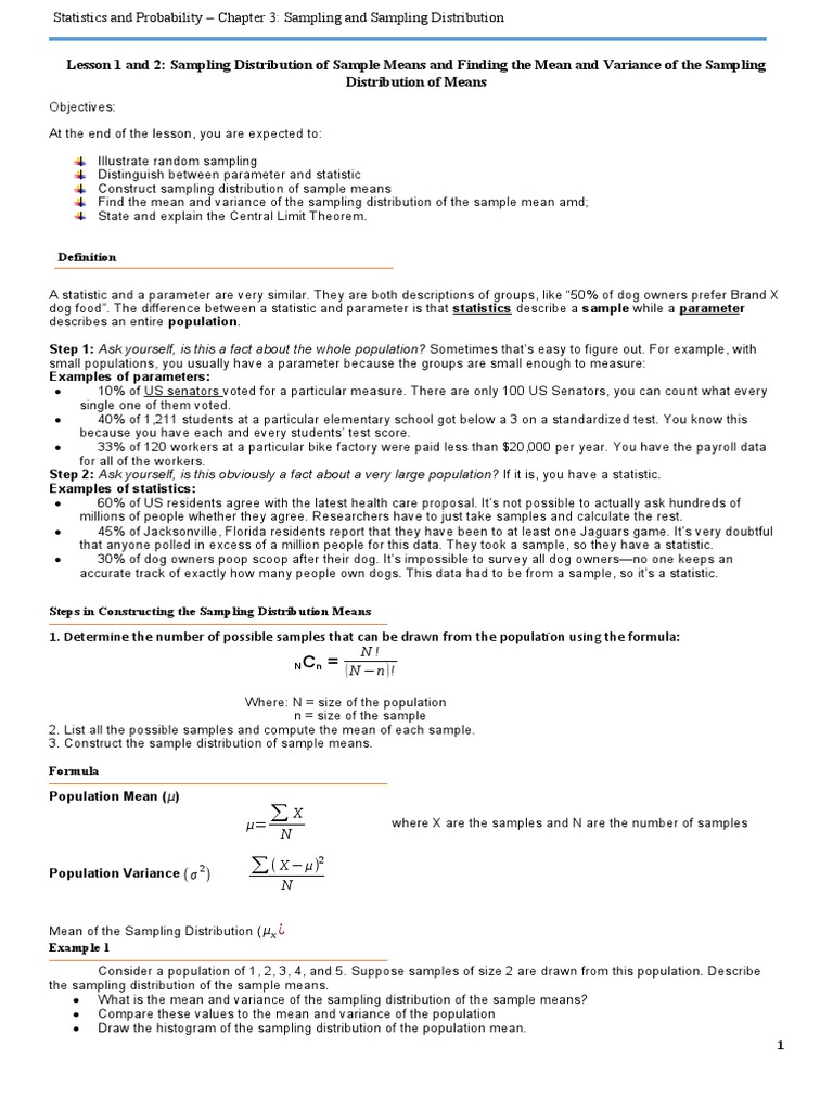 Lesson 1 and 2: Sampling Distribution of Sample Means and Finding The ...