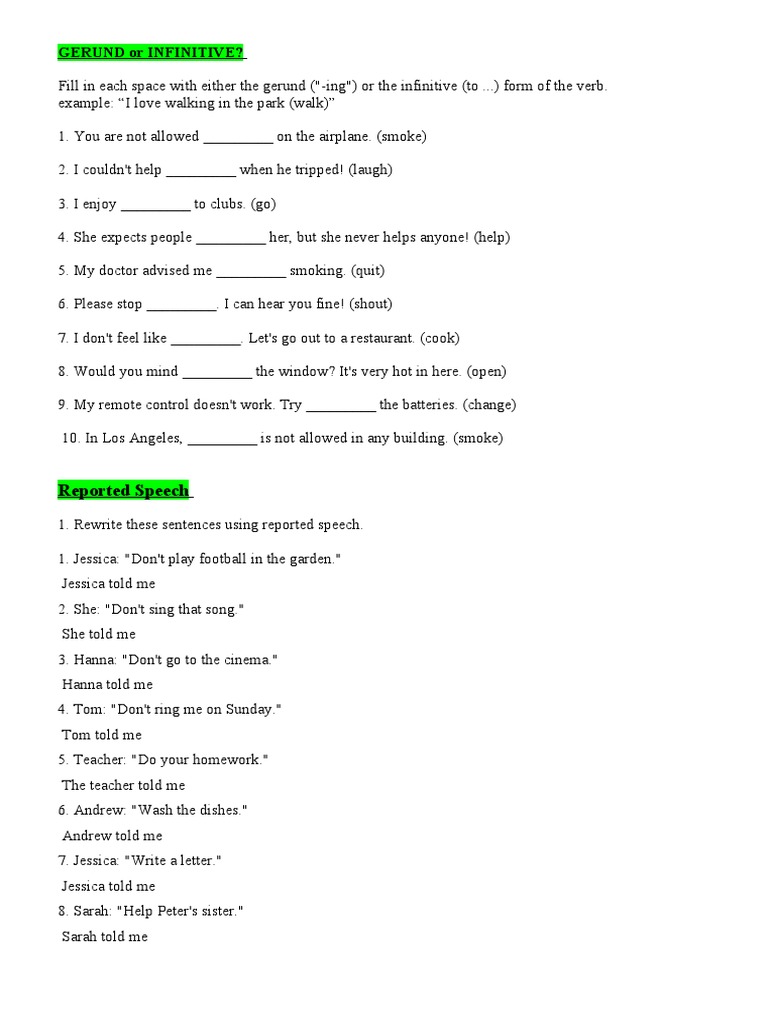 GERUND or INFINITIVE AND REPORTED SPEECH | PDF