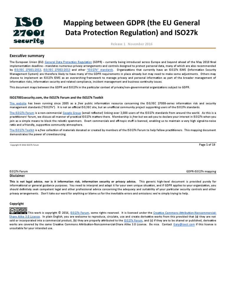 ISO27k GDPR Mapping Release 1 | Download Free PDF | Privacy | Information Security