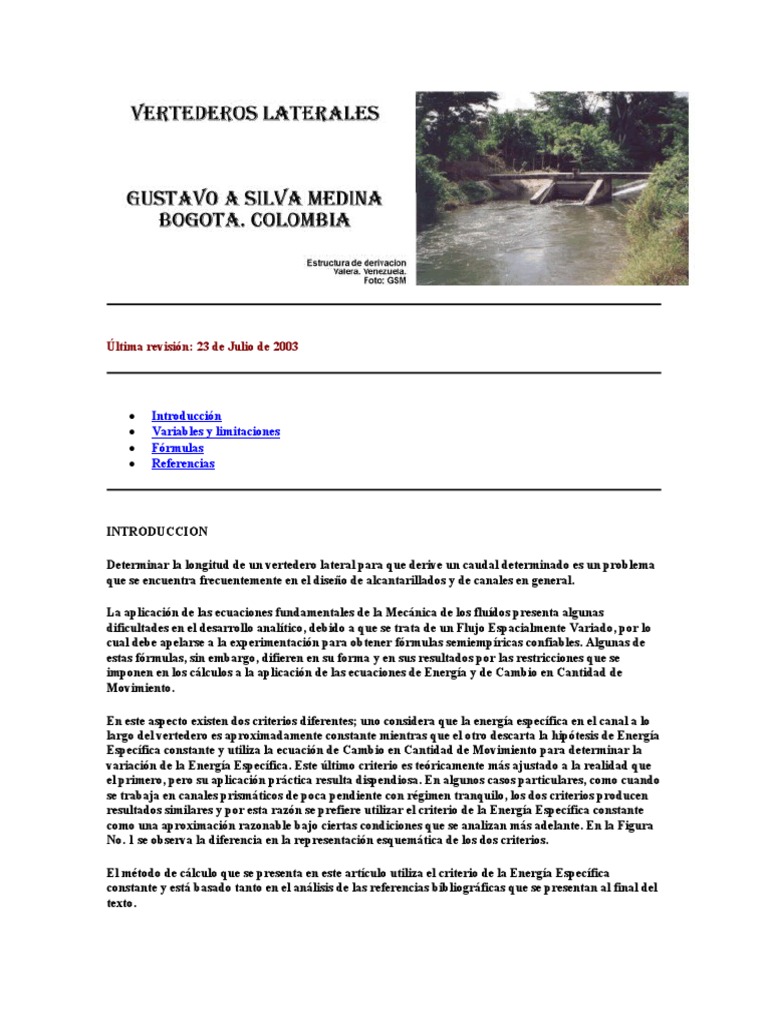 Diseño de Vertedero Lateral Trapezoidal | PDF | Ecuaciones | Física