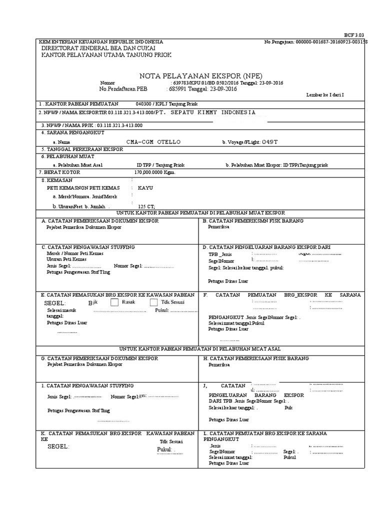 Nota Pelayanan Ekspor Npe Pt Sepatu Kimmy Indonesia Pdf