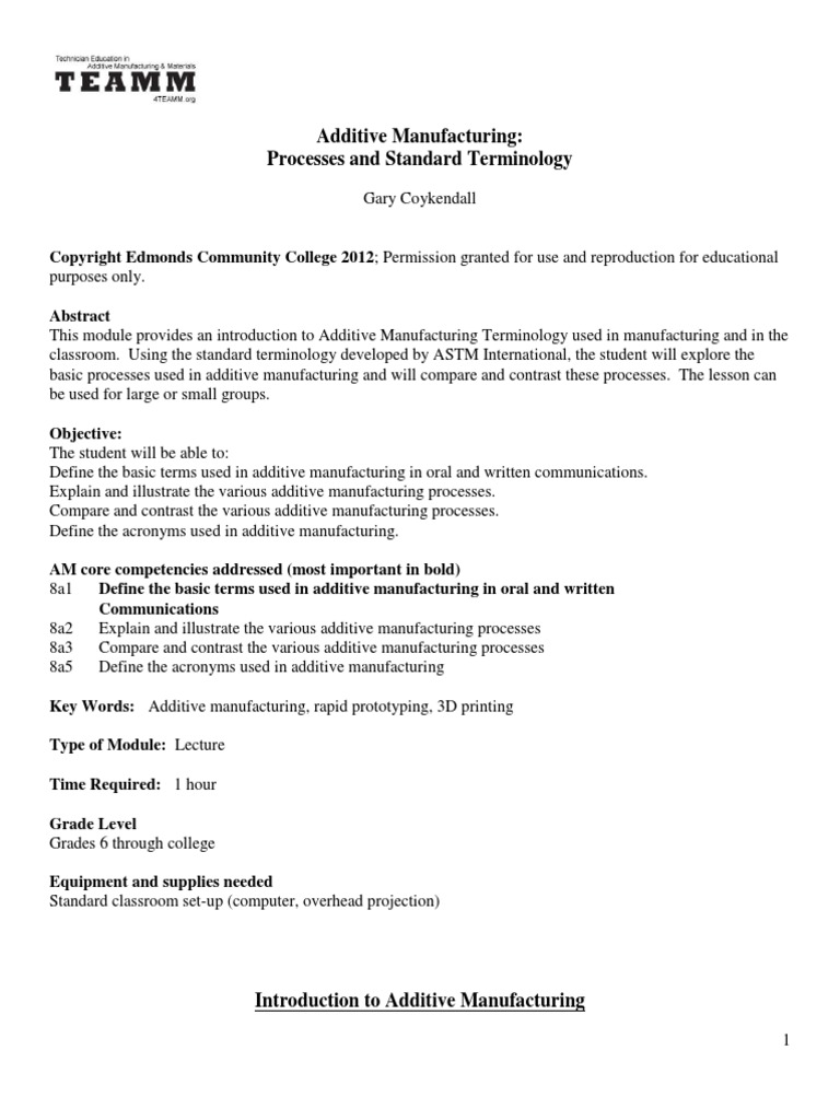 Additive Manufacturing: Processes and Standard Terminology | PDF | 3 D ...