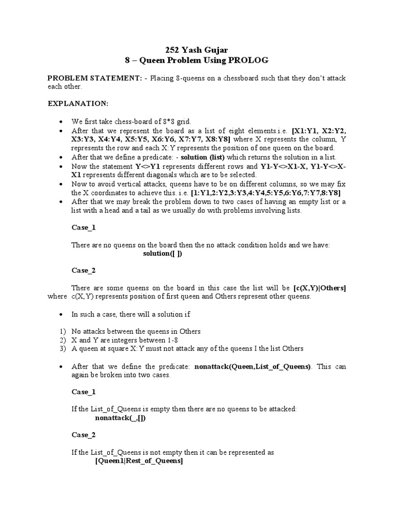 252 Yash Gujar 8 - Queen Problem Using PROLOG | PDF