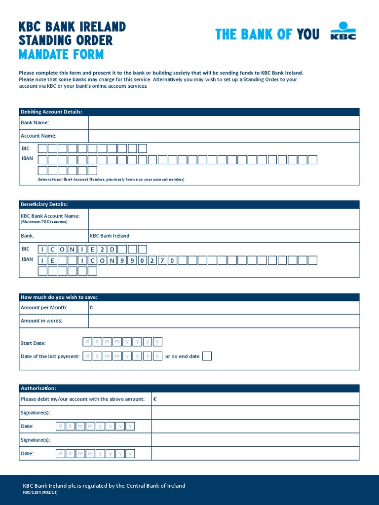 Mandate Form: KBC Bank Ireland Standing Order | PDF