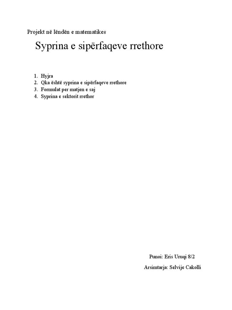 Syprina e Sipërfaqeve Rrethore: Projekt Në Lëndën e Matematikes | PDF