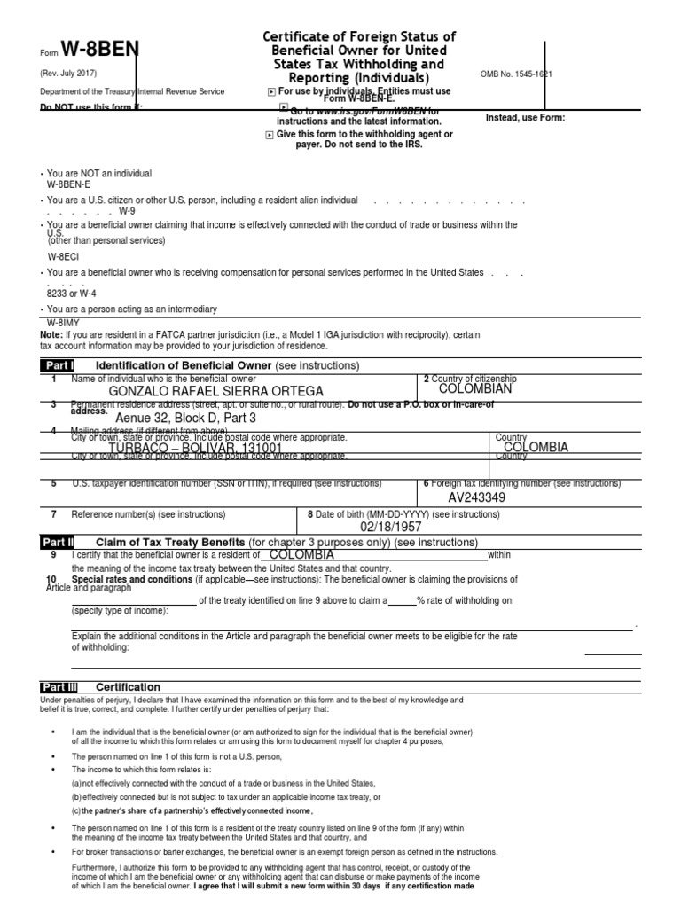 W-8BEN: Certificate of Foreign Status of Beneficial Owner For United ...