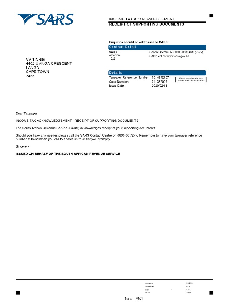 Income Tax Acknowledgement: Receipt of Supporting Documents | PDF