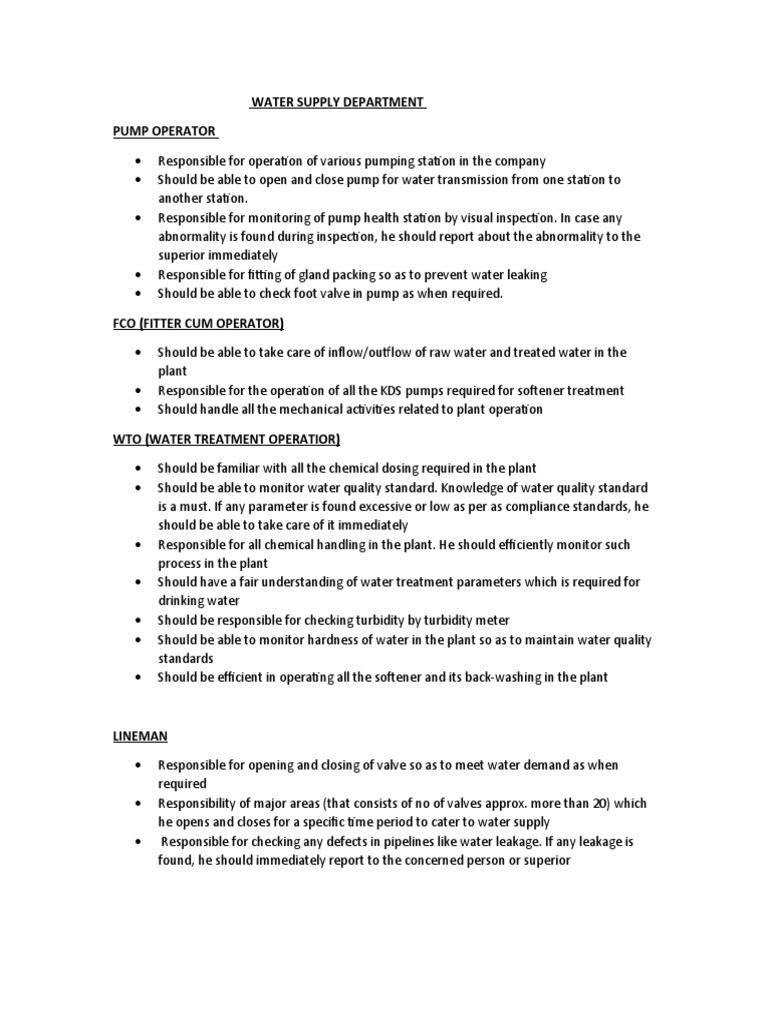Water Supply Department Job Roles | PDF