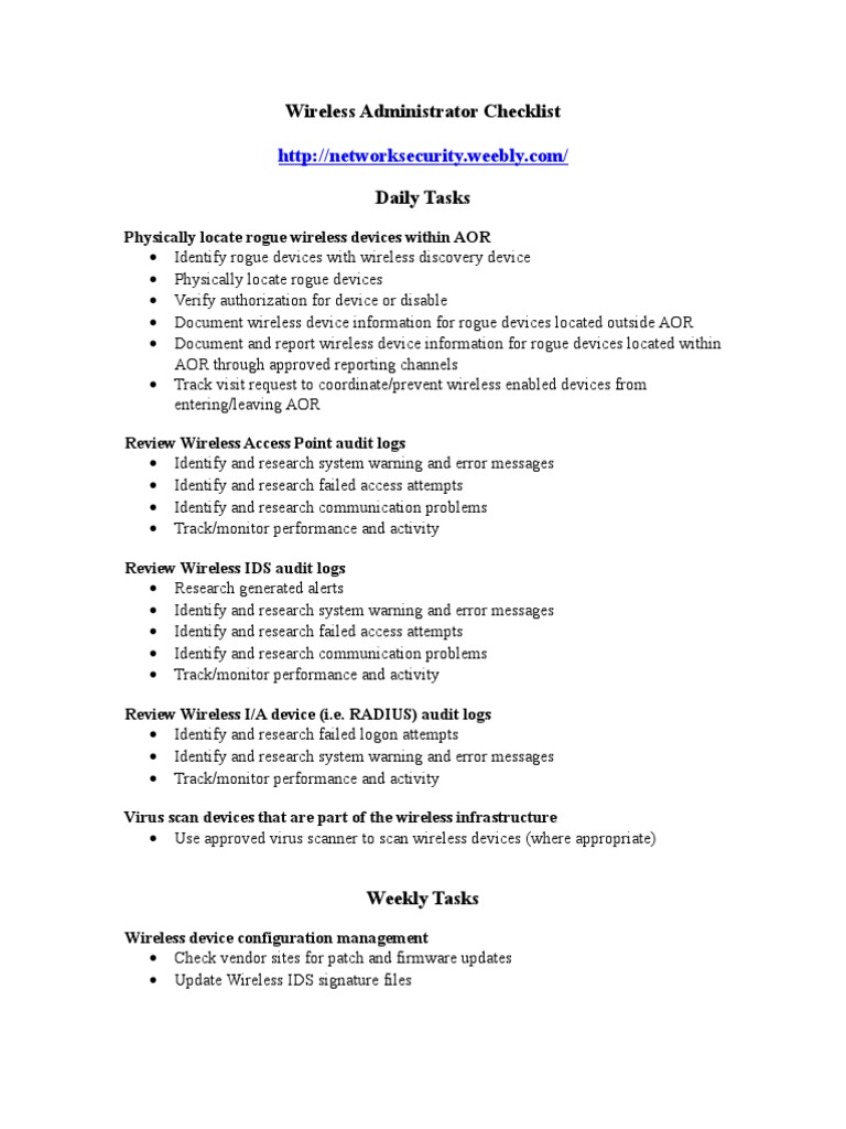 Wireless Security Administration Checklist | PDF | Wi Fi | Computer Network