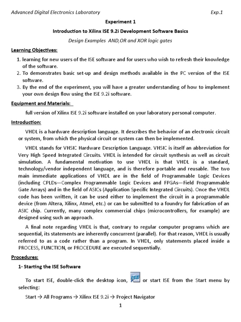 Experiment 1 Introduction To Xilinx ISE 9.2i Development Software Basics | PDF | Vhdl | Field ...