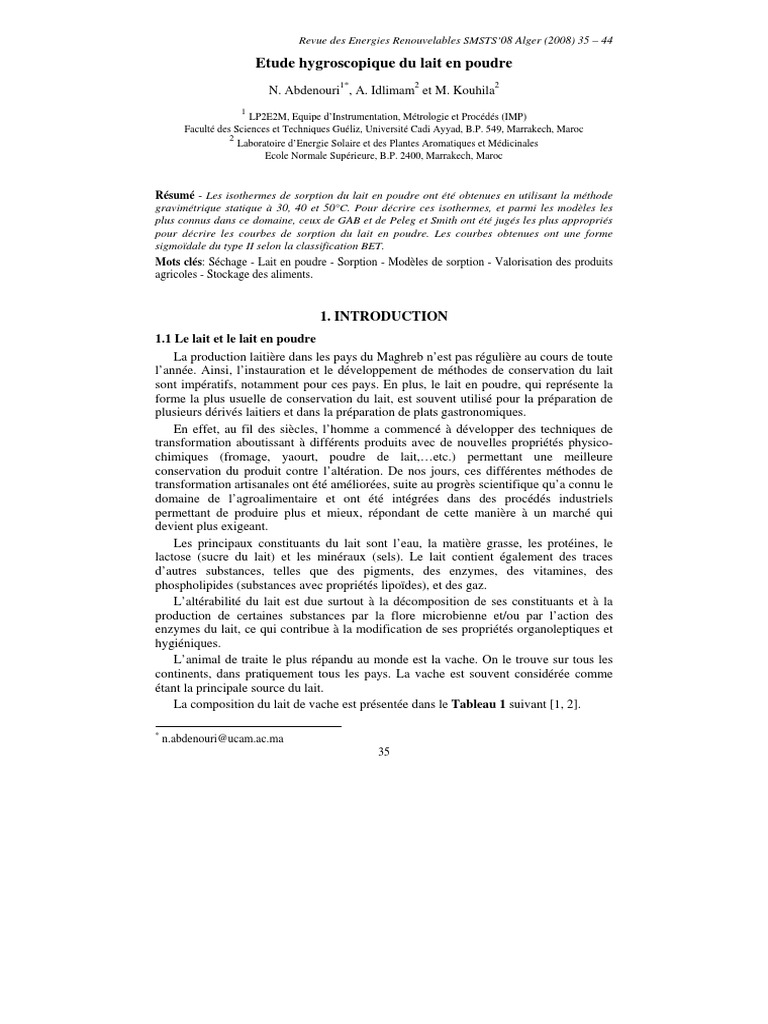Etude Hygroscopique LAit Poudre PDF | PDF | Adsorption | Enthalpie