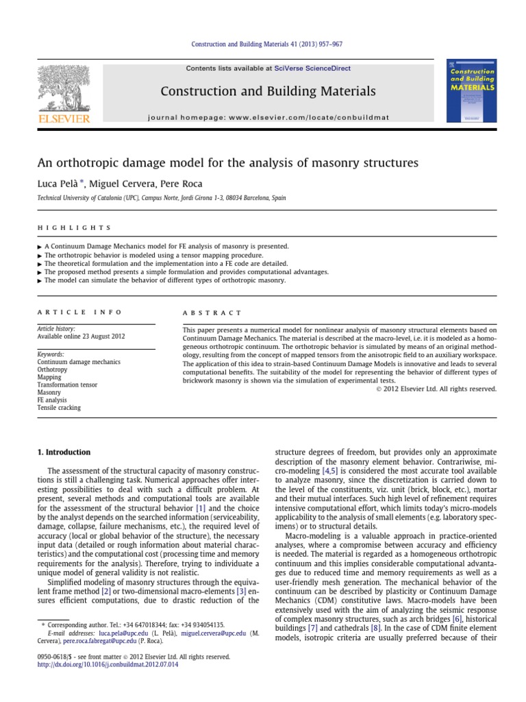 An Orthotropic Damage Model For The Analysis of Masonry Structures | Download Free PDF | Stress ...