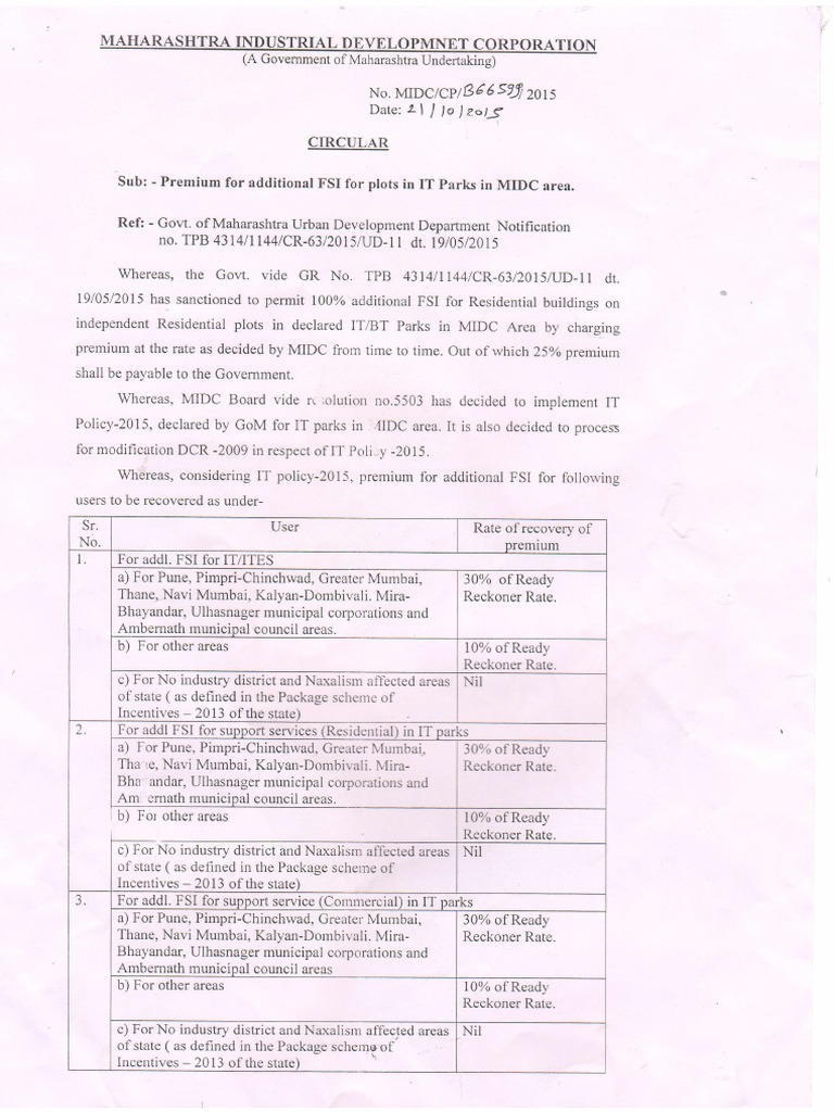 ATP - Premium For Additional FSI For Plots in IT Parks in MIDC Area - 21-10-15 | PDF ...