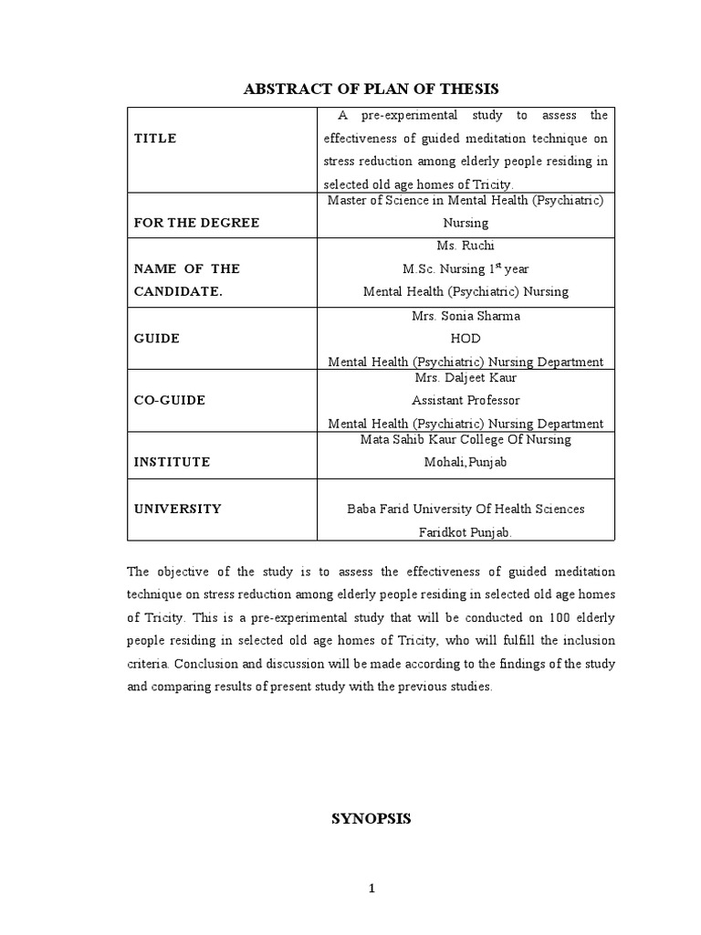Abstract of Plan of Thesis | PDF | Stress (Biology) | Meditation