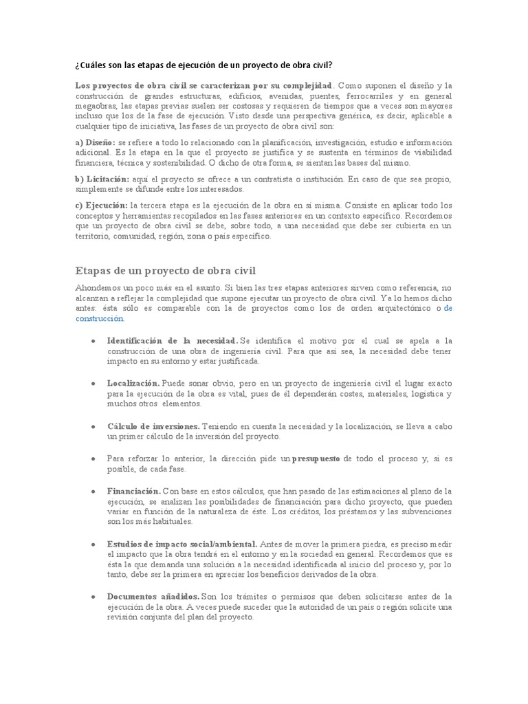 Cuáles Son Las Etapas de Ejecución de Un Proyecto de Obra Civil | PDF ...