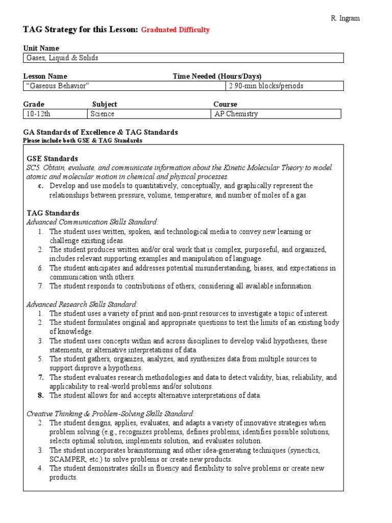 TAG Strategy For This Lesson:: Graduated Difficulty | PDF | Gases ...