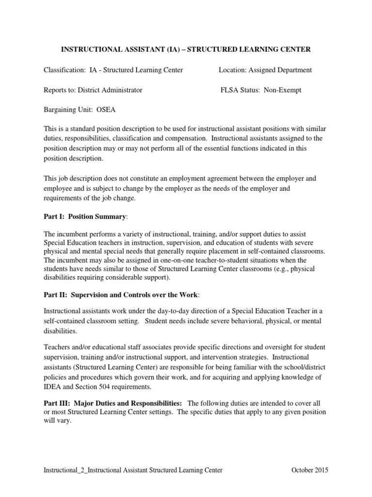 Sped Instructional Assistant Role Overview | PDF | Special Education ...