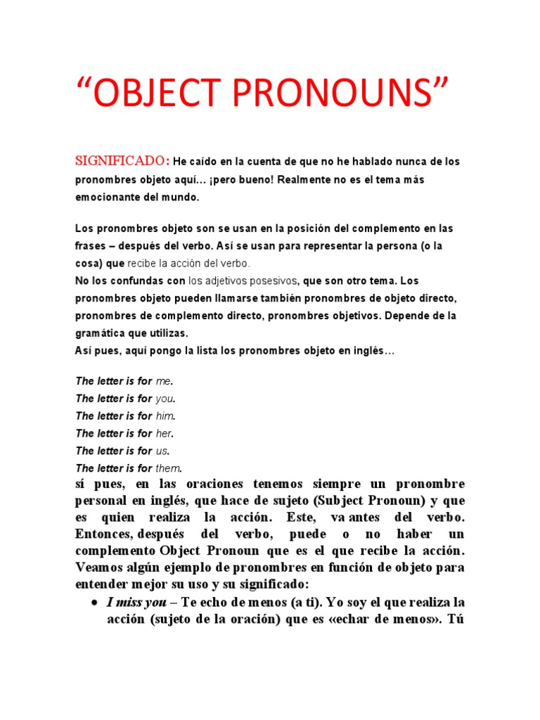 Object Pronouns | PDF | Artes del Lenguaje y Comunicación | Estudios de ...
