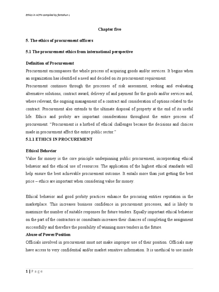 Chapter Five Ethics | PDF | Procurement | Conflict Of Interest