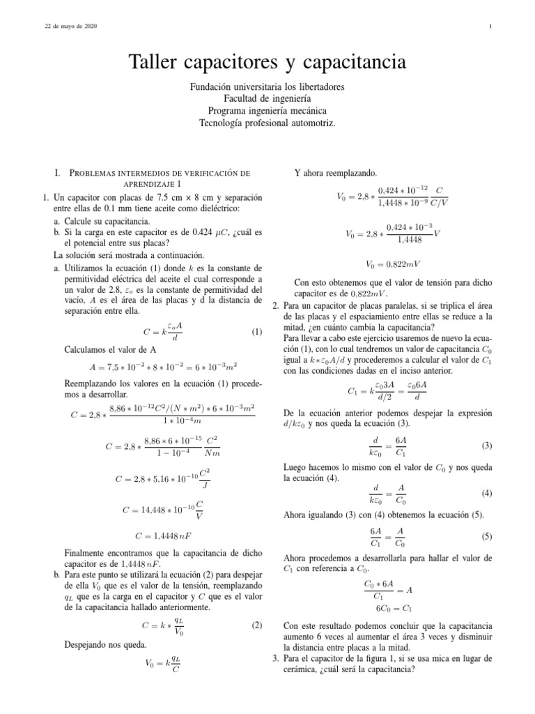 Taller Capacitores PDF | PDF | Capacidad | Condensador