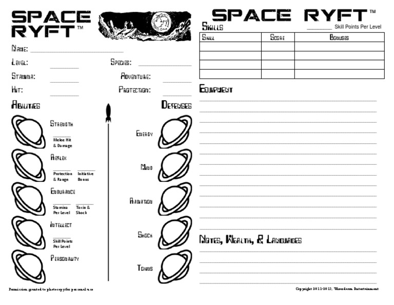 Space Ryft Character Sheet PDF | PDF | Role Playing Games | Leisure
