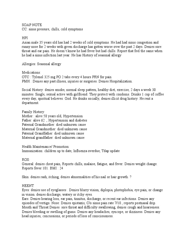 SOAP NOTE Sinusitis | PDF | Influenza | Common Cold