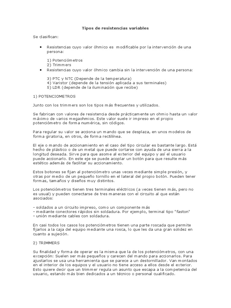 Tipos de Resistencias Variables | PDF | Resistencia Eléctrica y Conductancia | Resistor