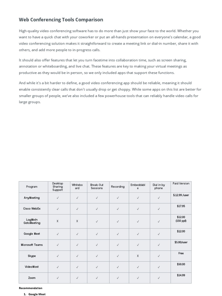 Web Conferencing Tools Comparison | PDF | Videotelephony | Application ...