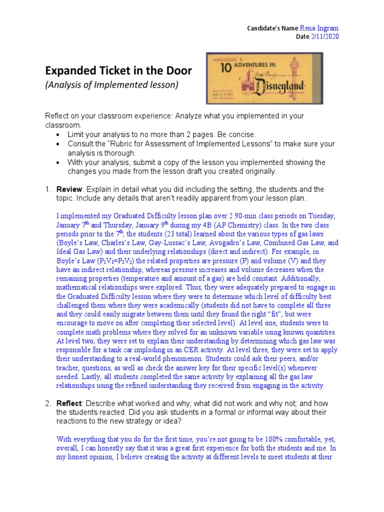 Expanded Ticket in The Door: (Analysis of Implemented Lesson) | PDF ...