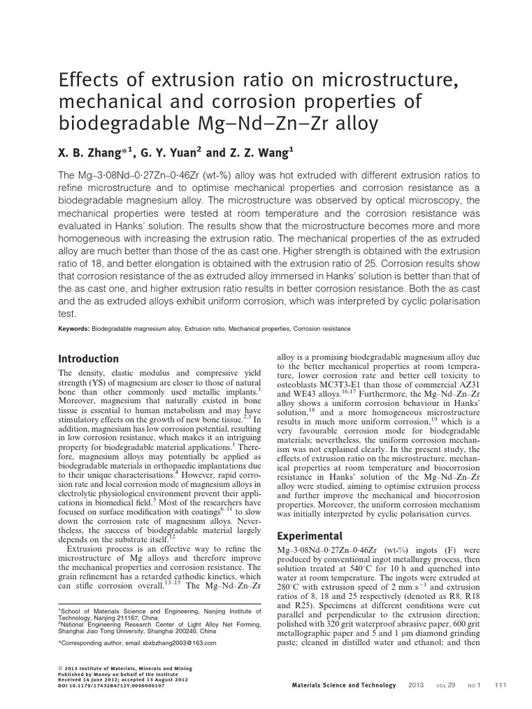 Extrusion Ratio Impact on Mg Alloy Properties | PDF | Corrosion ...