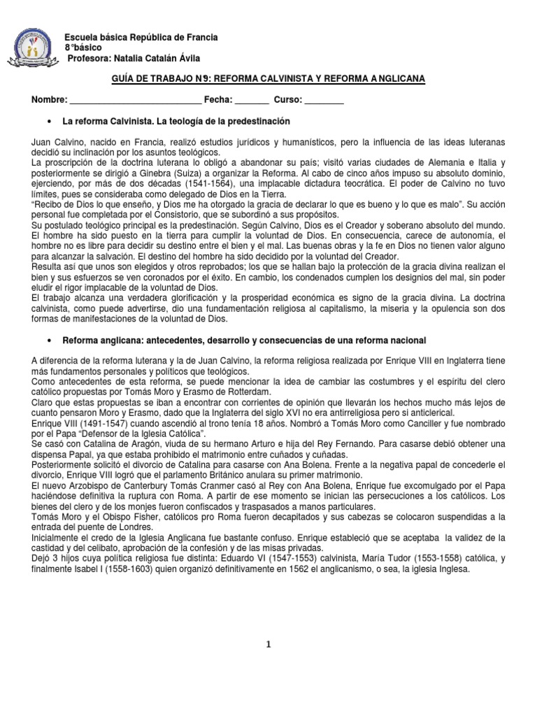 Guía N°9 Reforma Calvinista y Anglicana | PDF | Henry viii de ...