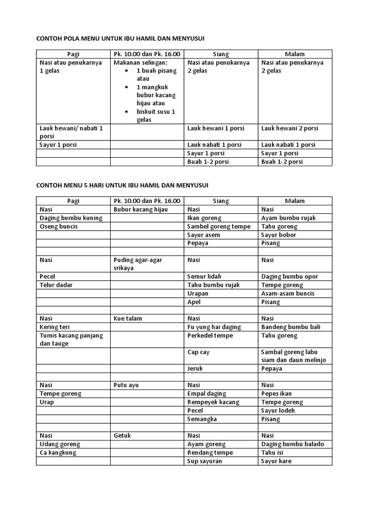 Contoh Pola Menu Untuk Ibu Hamil Dan Menyusui | PDF
