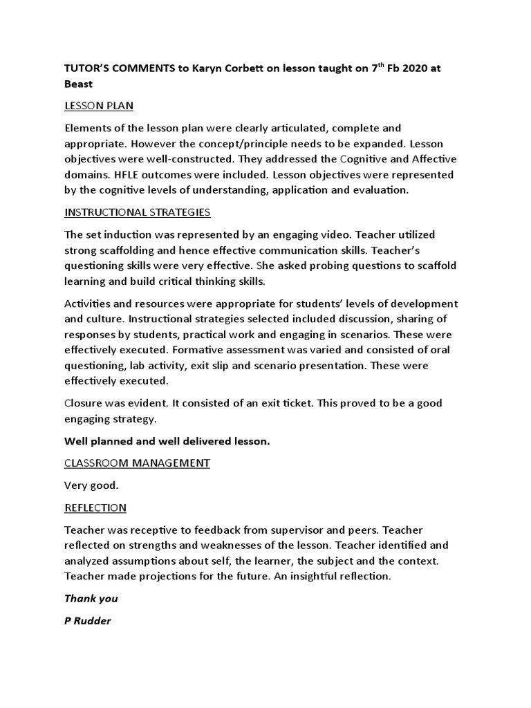 Tutor Feedback | PDF | Lesson Plan | Teachers