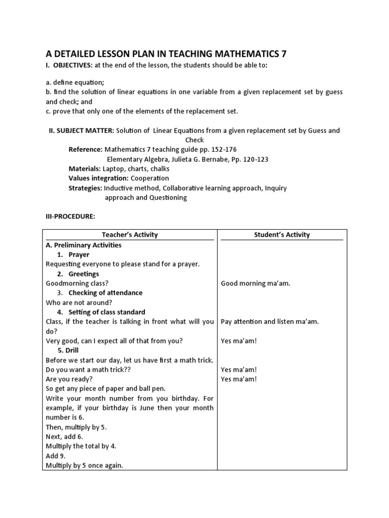 WEEK 8.1. Lesson Plan Solution Linear Equation | PDF | Equations ...