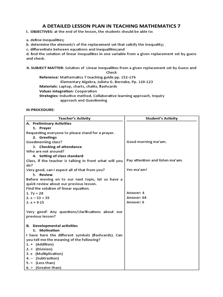 WEEK 8.2. Lesson Plan Solution Linear Inequalities | PDF | Inequality ...