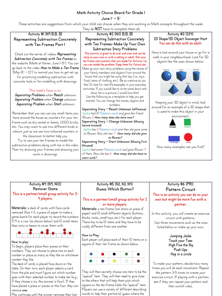 Grade 1 Math Activity Choice Board | PDF | Subtraction | Cognition