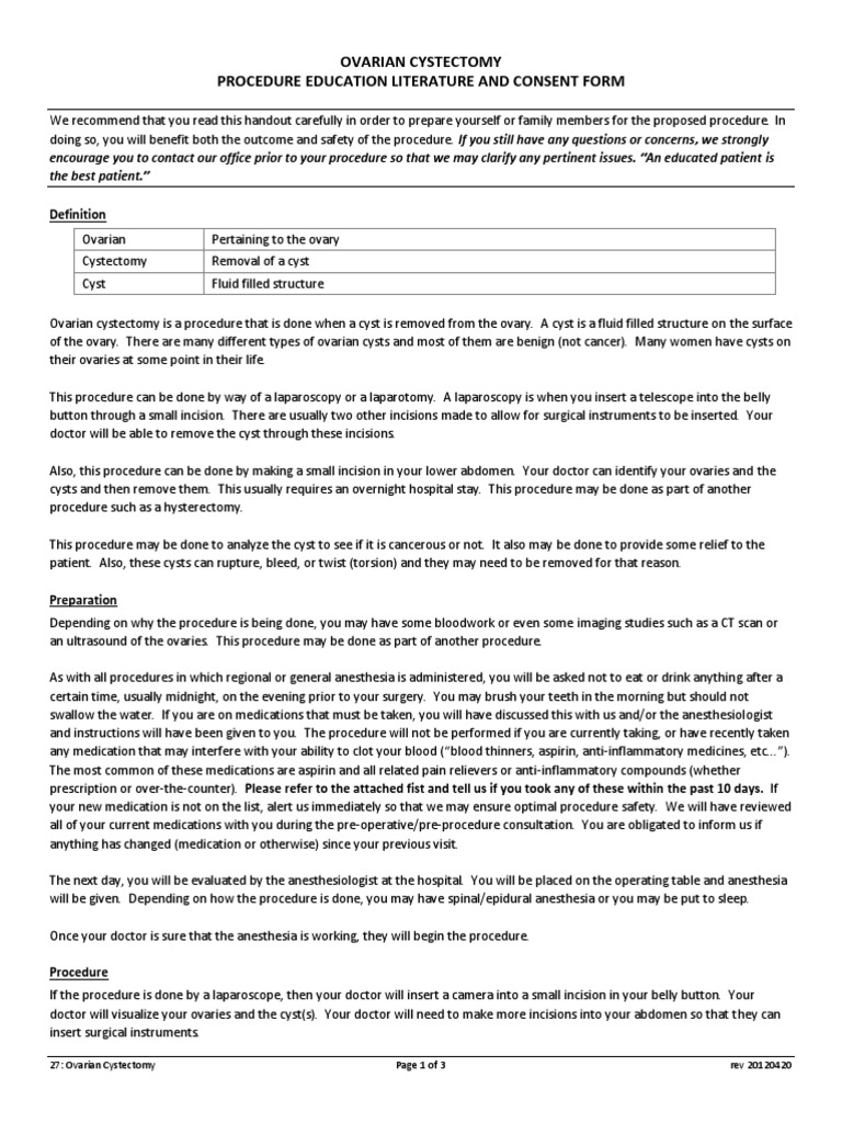 27 Ovarian Cystectomy Consent Form | PDF | Ovarian Cancer | Anesthesia