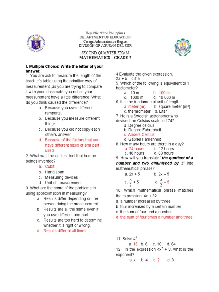 Mathematics - Grade 7 I. Multiple Choice: Write The Letter of Your ...