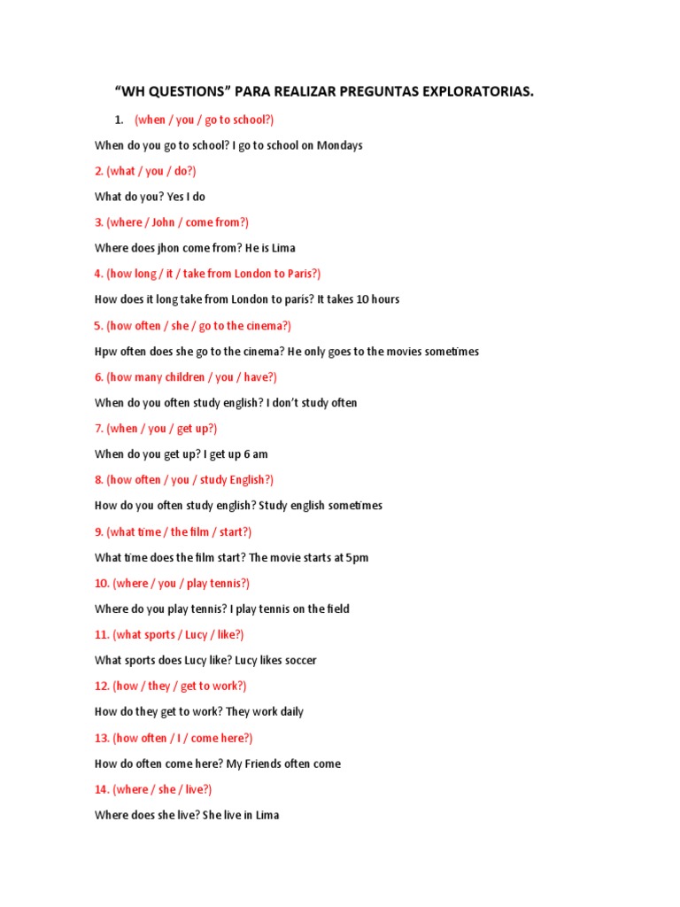 "WH Questions" para Realizar Preguntas Exploratorias | PDF