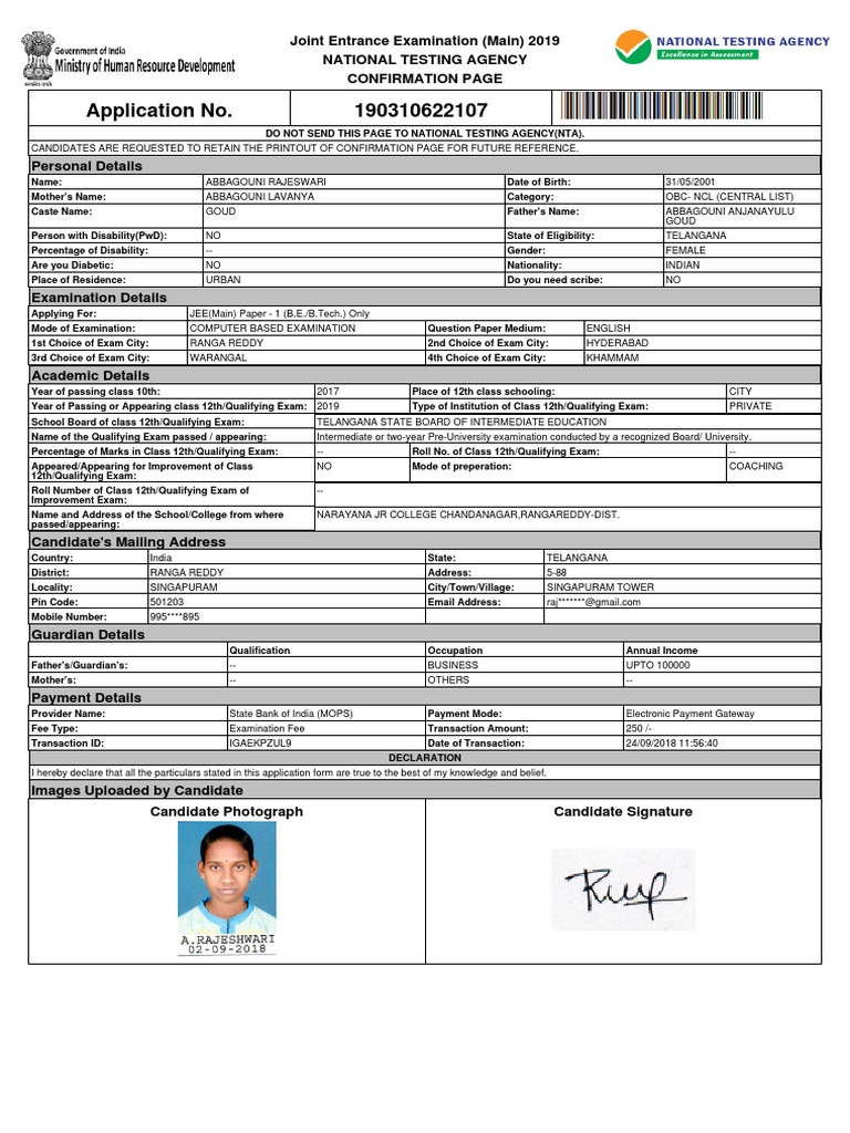 JEE (Main) ConfirmationPage | PDF | Student Assessment And Evaluation ...
