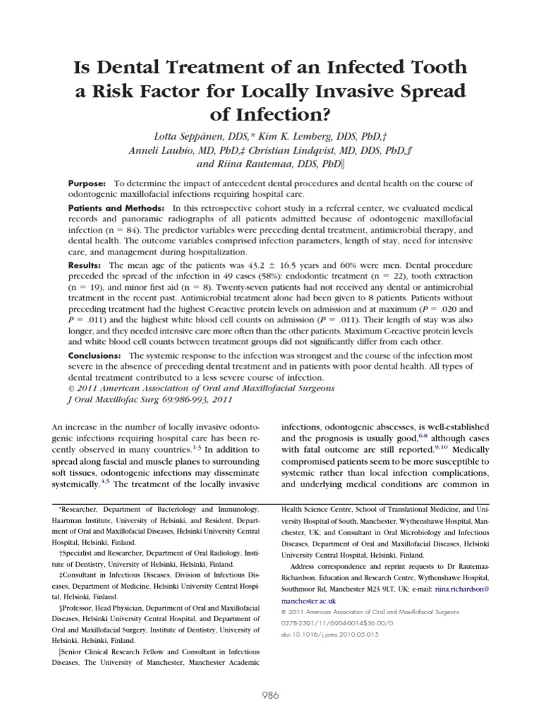 Is Dental Treatment of An Infected Tooth A Risk Factor For Locally ...
