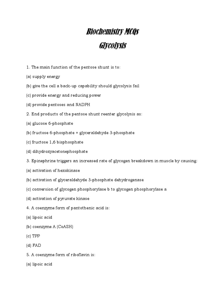 4 - Biochemistry MCQs Glycolysis | PDF | Citric Acid Cycle | Diet & Nutrition